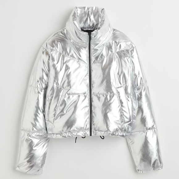 H&M | Jackets & Coats | Nwt Hm M Metallic Silver Ski Cropped Puffer ...